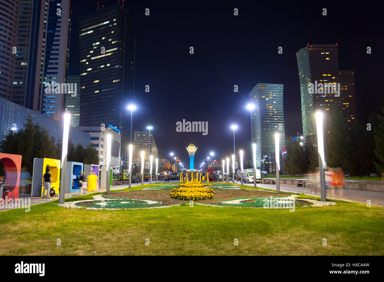Night in Astana - capital of Kazakhstan. In the center is the monument ...