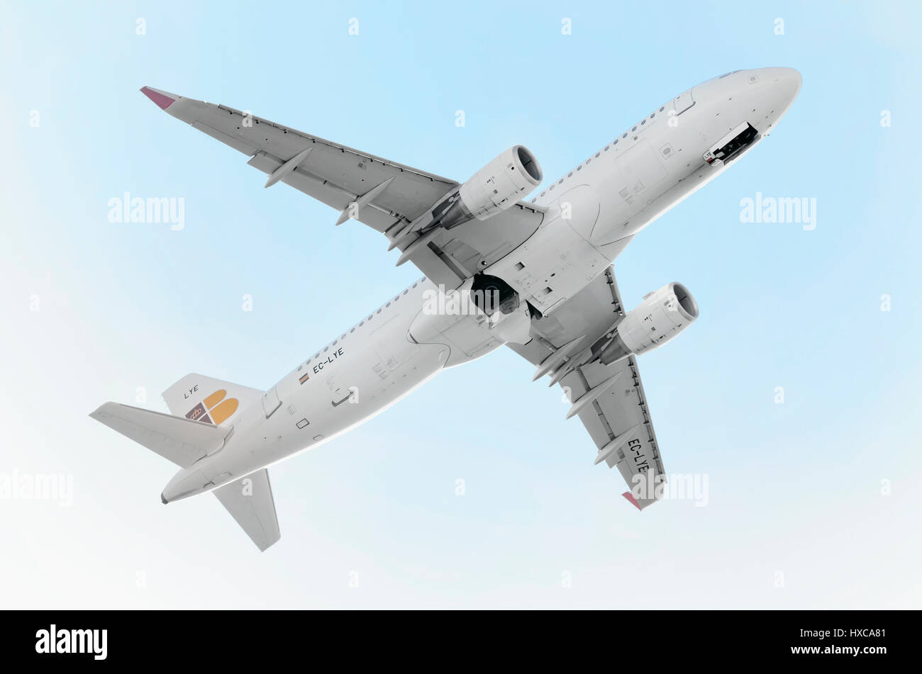 White plane Airbus A320, of Iberia airline, is taking off from Madrid ...