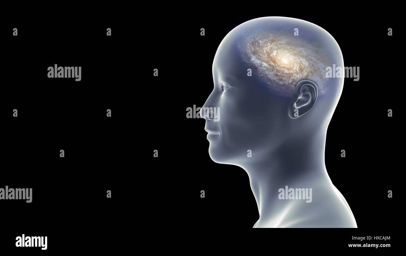 3d illustration of a smiling man with a whole galaxy in his head ...