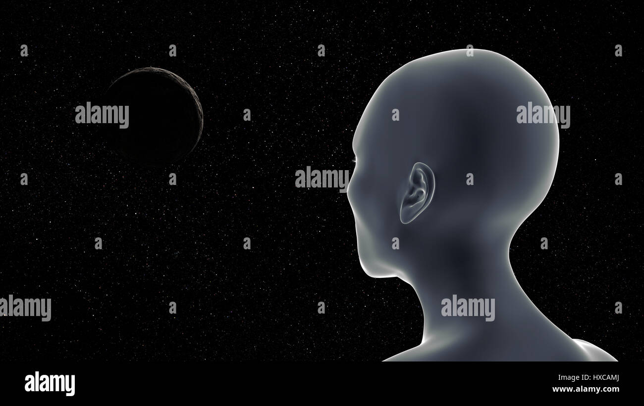 rear view of a human-like alien looking at a rocky planet in deep space ...