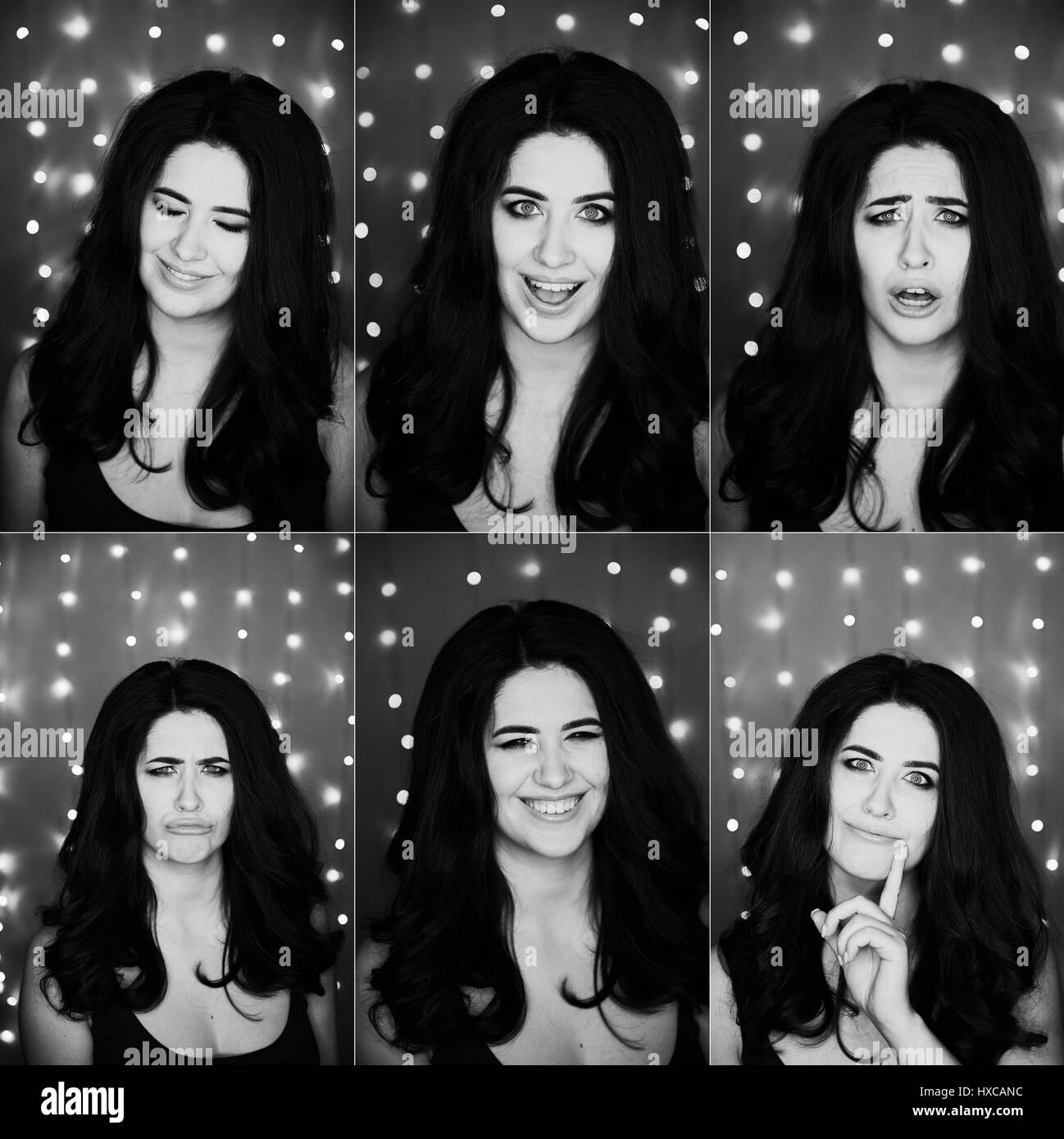 collage of emotions. The posing the model. Beautiful girl with long ...