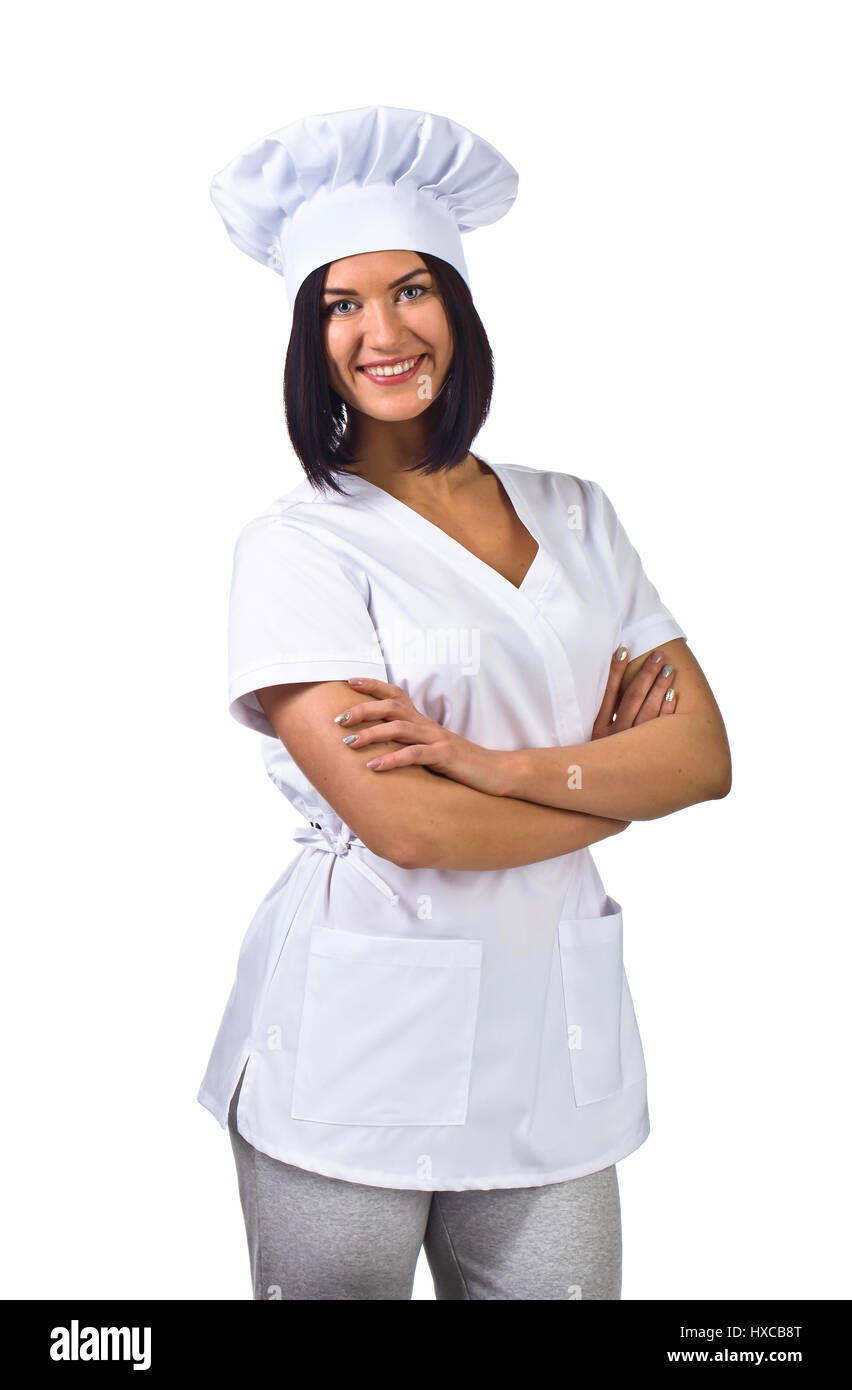 young woman in chef uniform isolated on white background Stock Photo ...