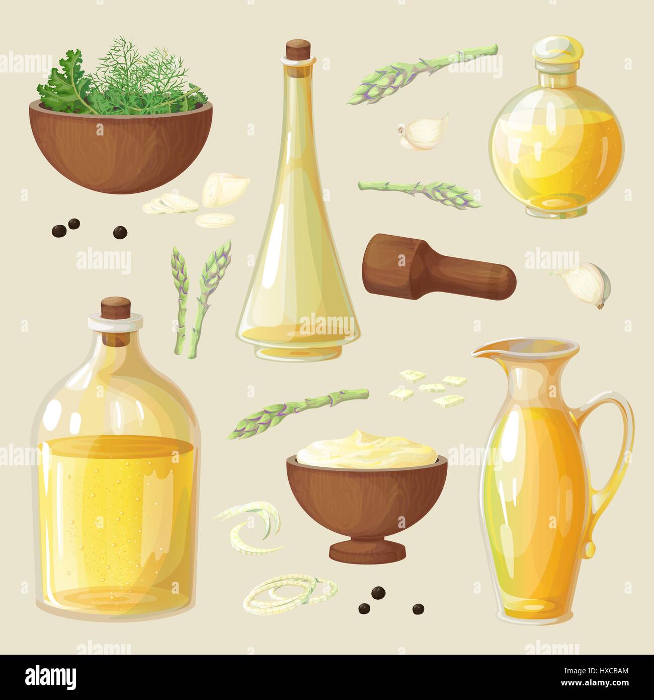 Vector set of bottles and wooden utensils for oils, cooking spices and ...
