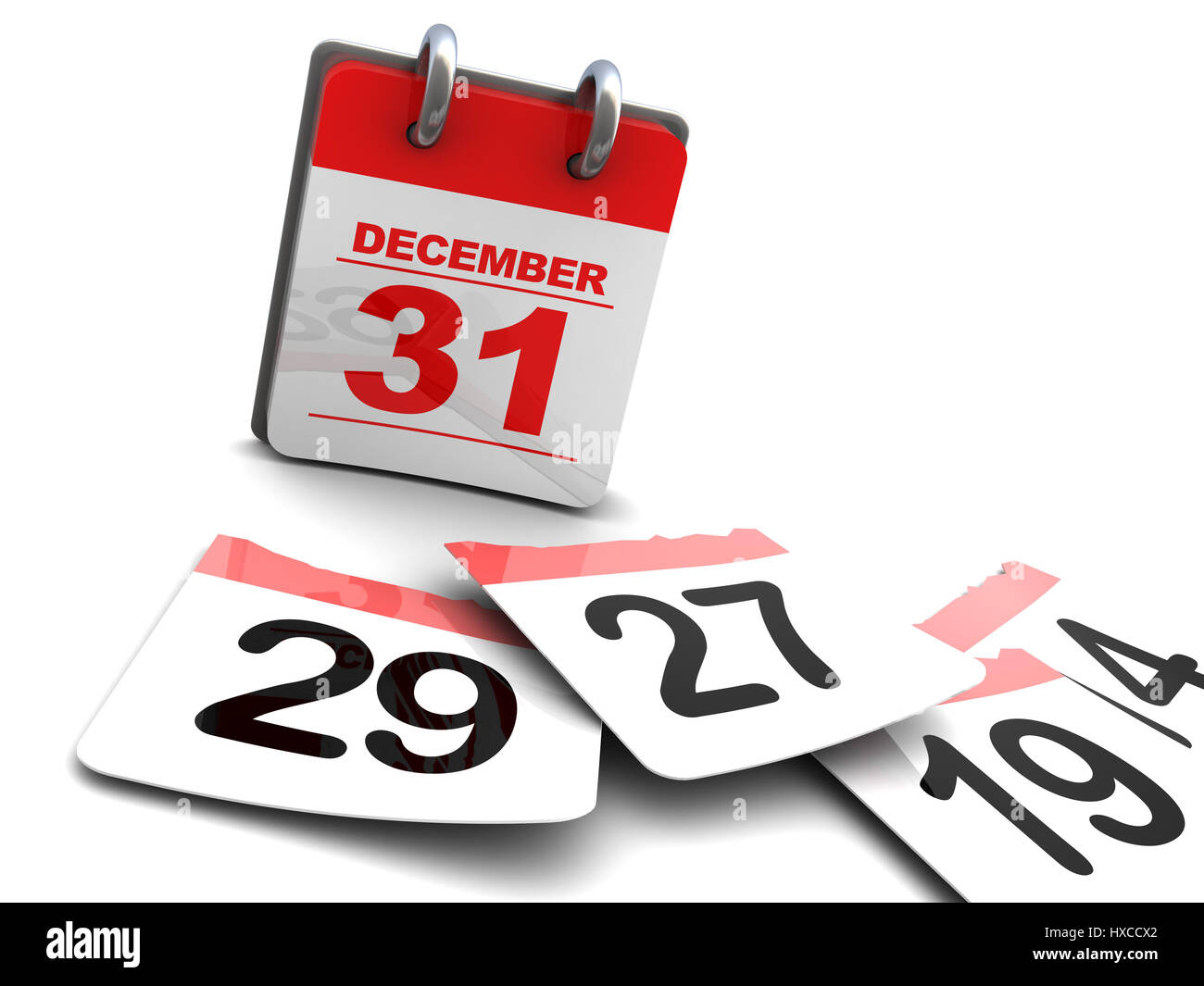 3d illustration of year calendar and pages on floor, time passing ...