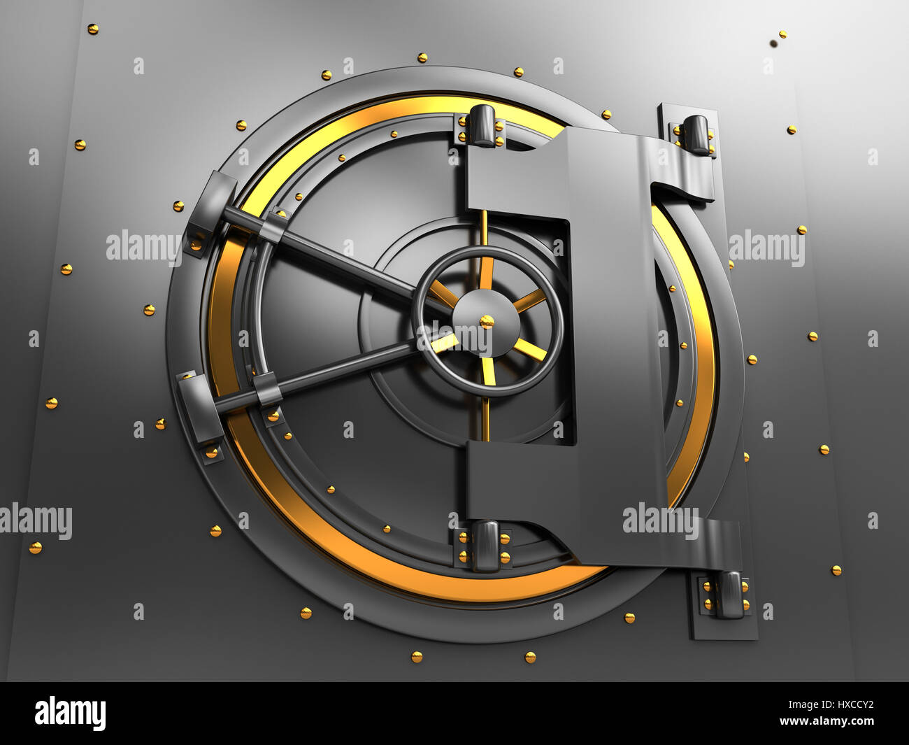 3d illustration of bank vault door, dark gray and golden colors Stock ...