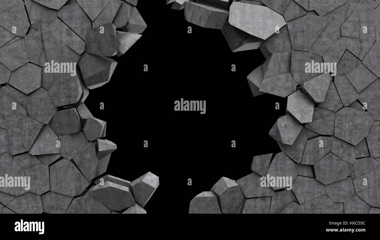 3d illustration of concrete wall crashed over black background Stock ...