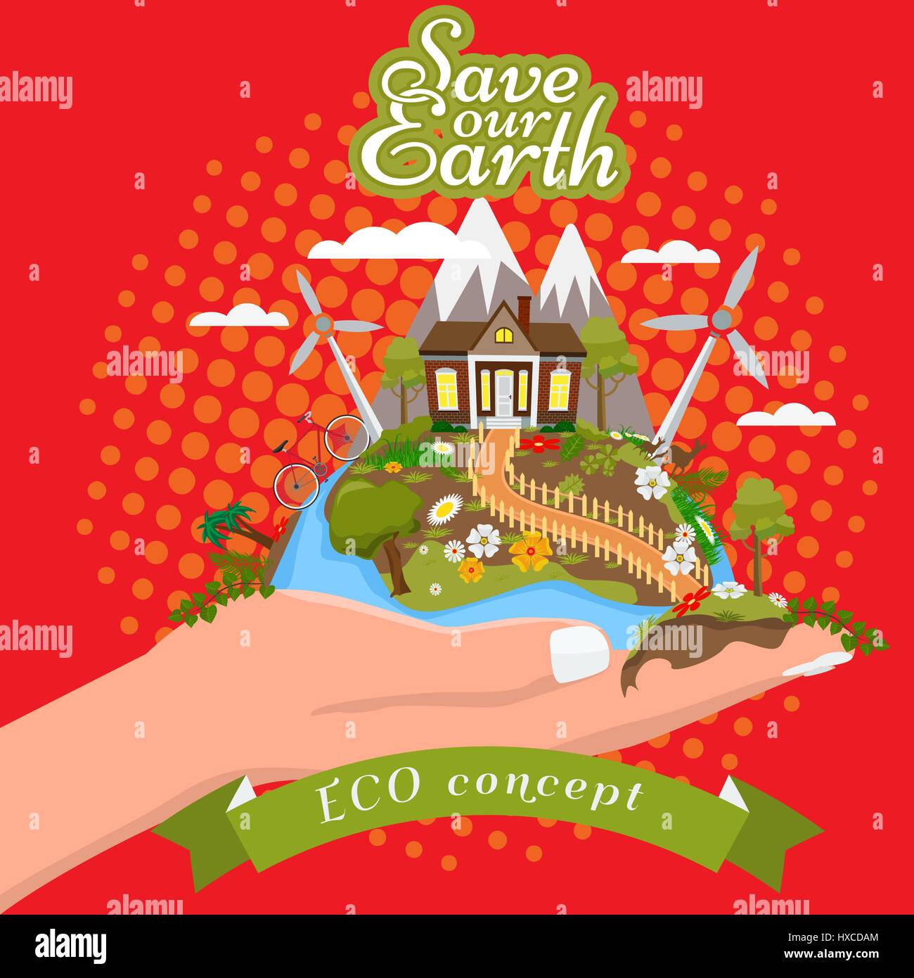 Earth day illustration. Hand holding the earth with cute and beautiful ...