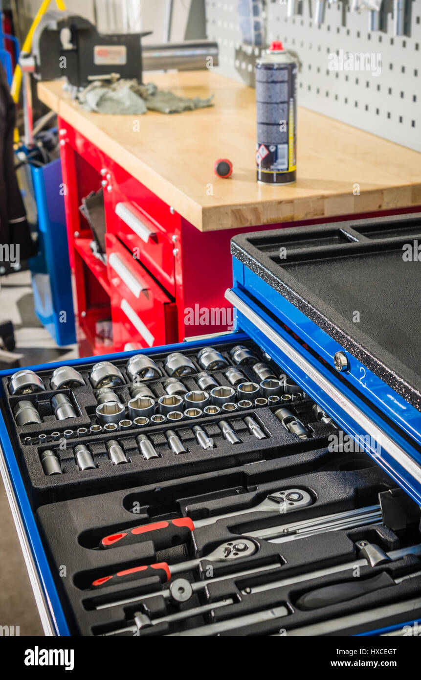 Toolbox in the workshop, close-up Stock Photo - Alamy