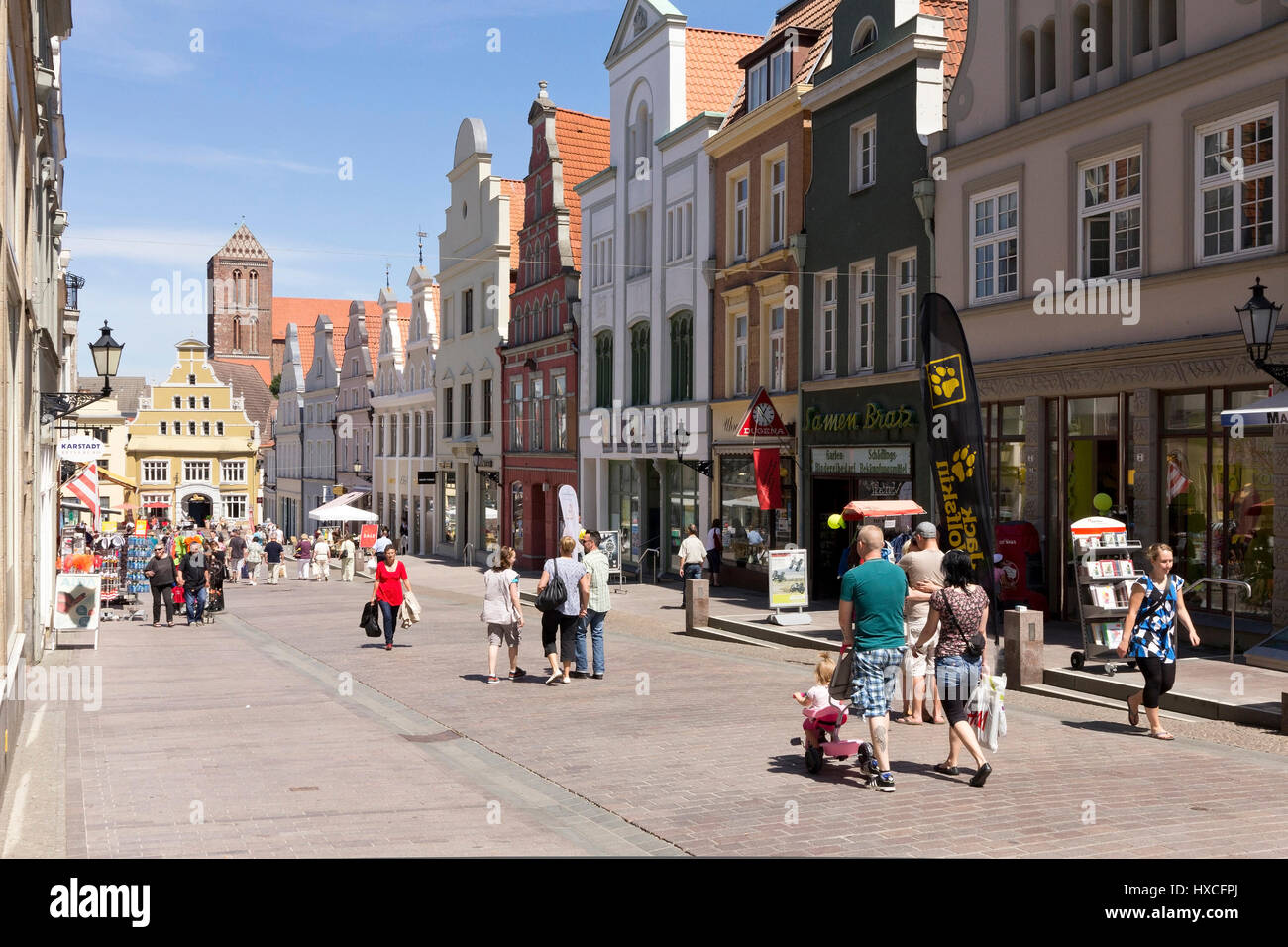 Business houses in a shopping street in the Old Town of Wismar ...
