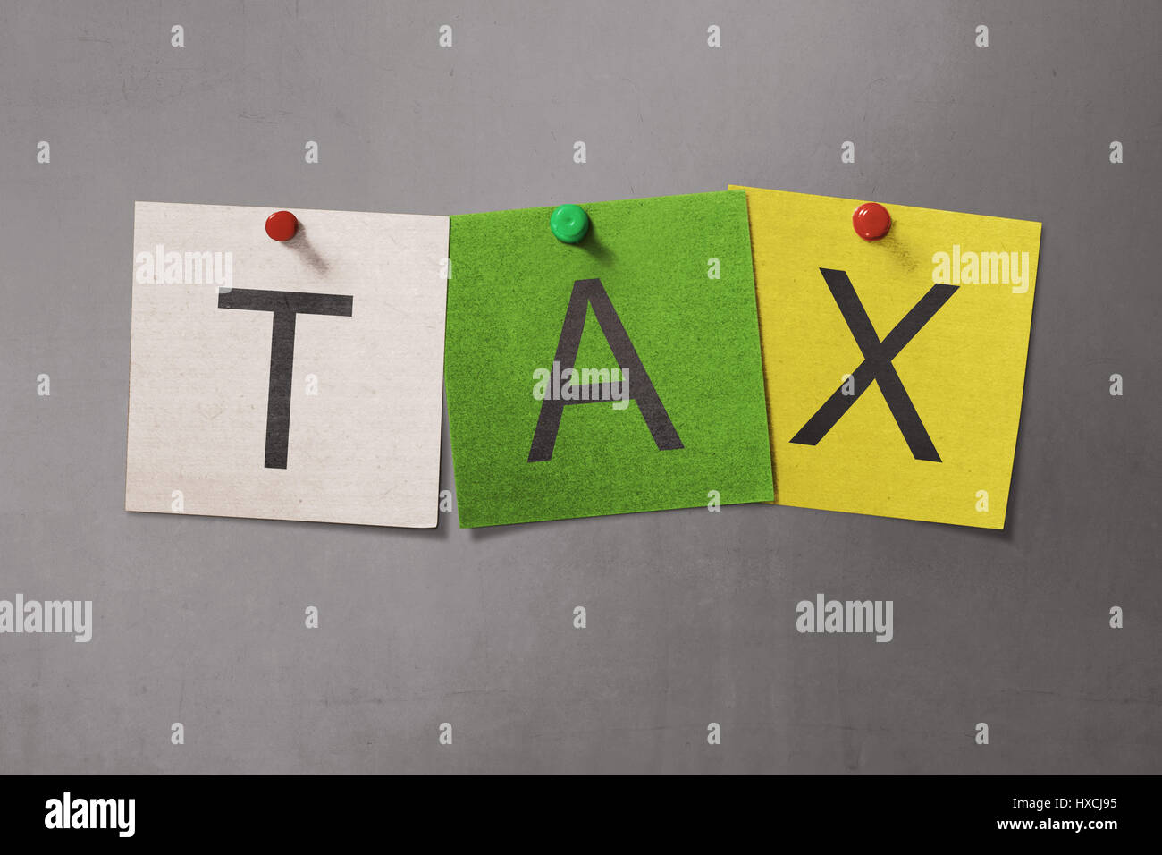 Colorful sticky note with TAX text with red pin thumbtack at wall Stock ...