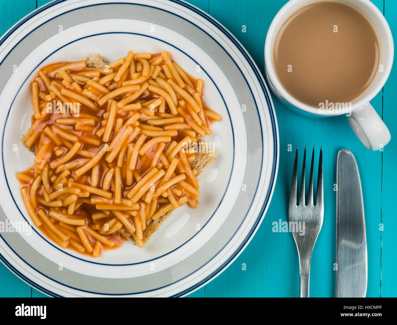 Colourful Flat Lay Image Of Tinned Spaghetti In Tomato Sauce On Toast ...