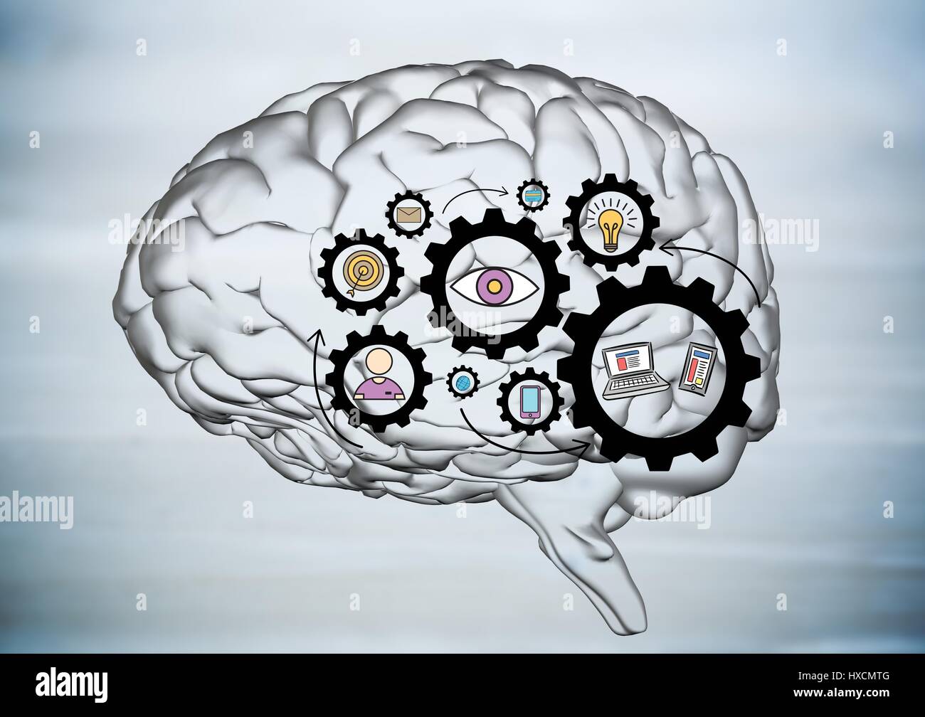 Digital composite of Transparent brain with black gear graphics against ...