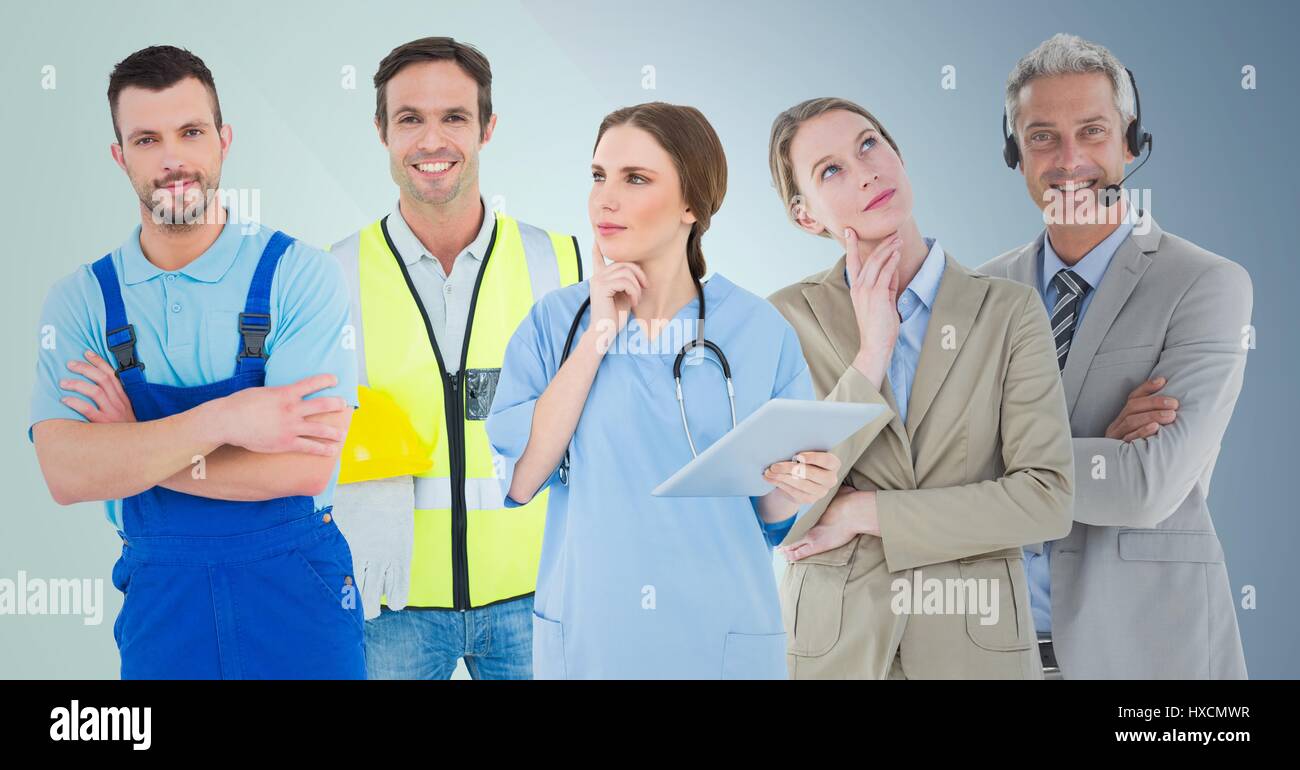 Digital composite of Business woman and call center man, doctor, handy ...