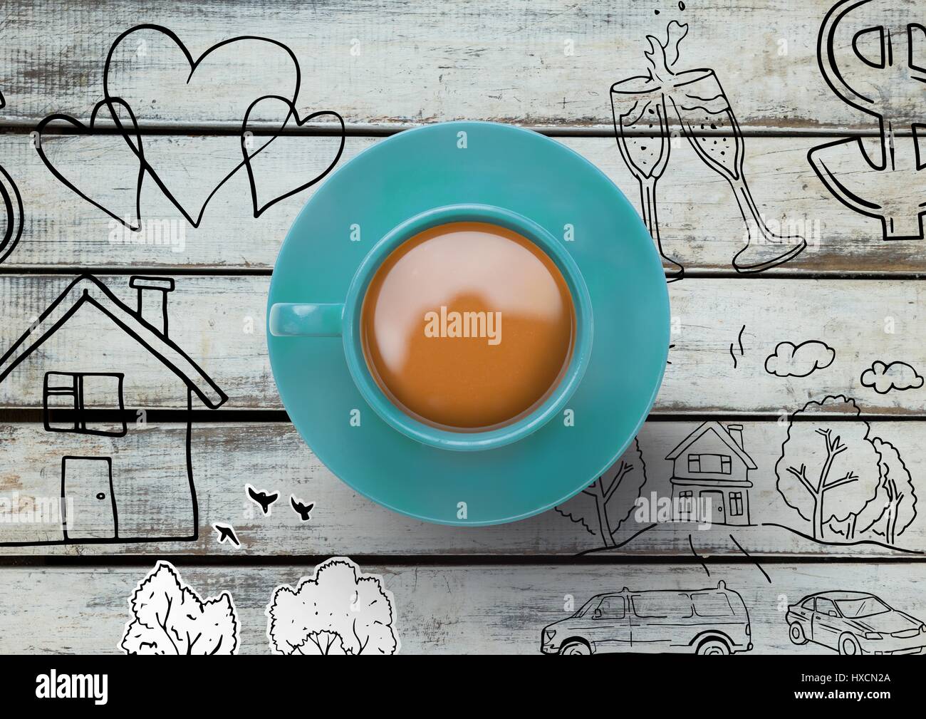 Digital composite of 3D Cup with life doodle drawings against wood ...