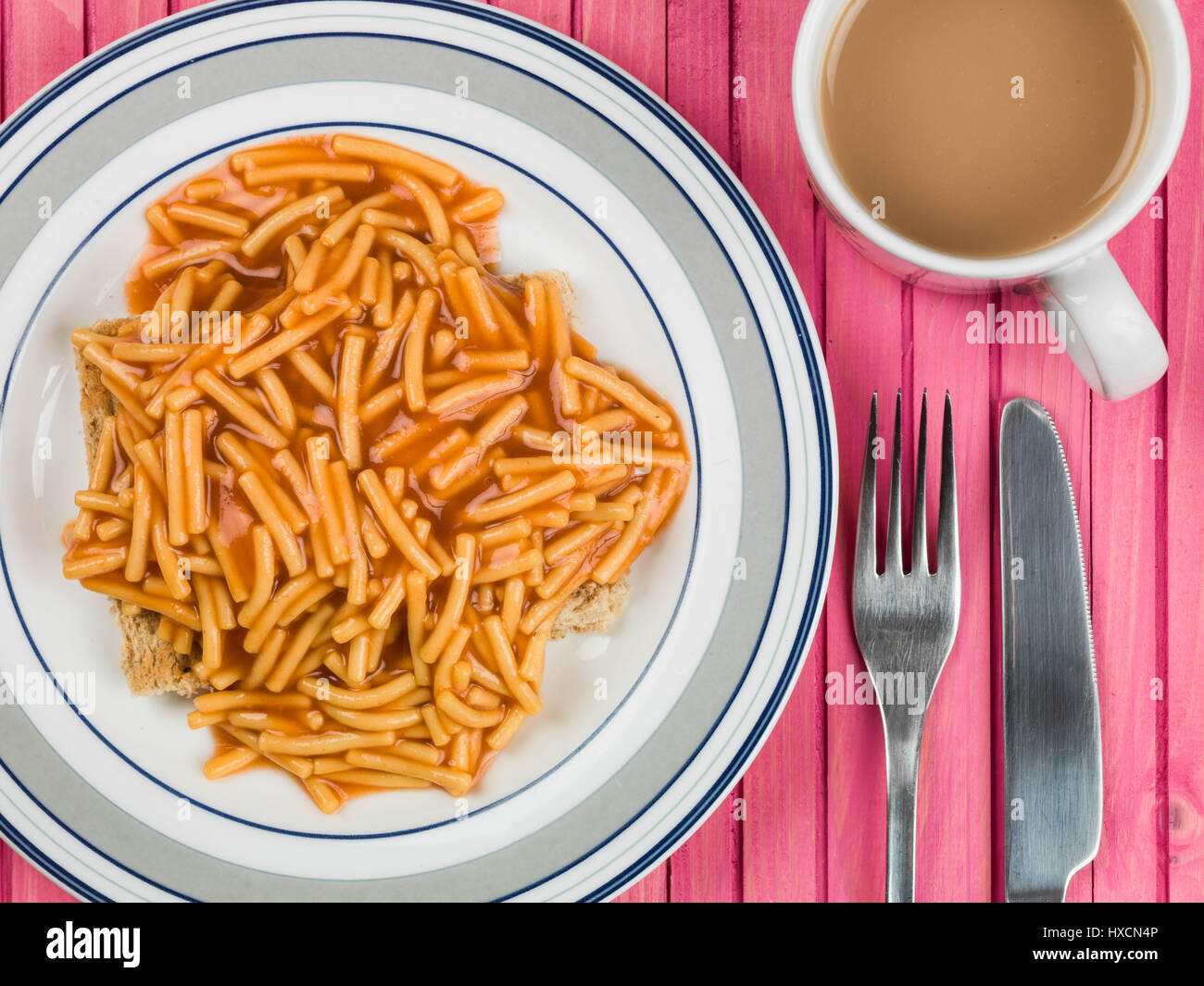 Colourful Flat Lay Image Of Tinned Spaghetti In Tomato Sauce On Toast ...