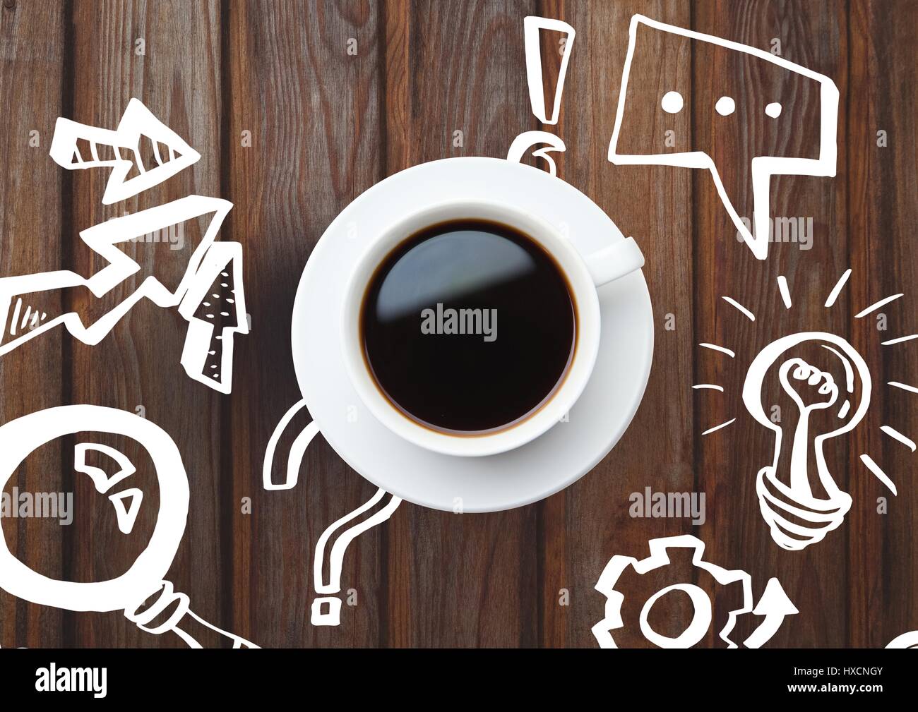 Digital composite of 3D Cup with icons sketches drawings against wood ...