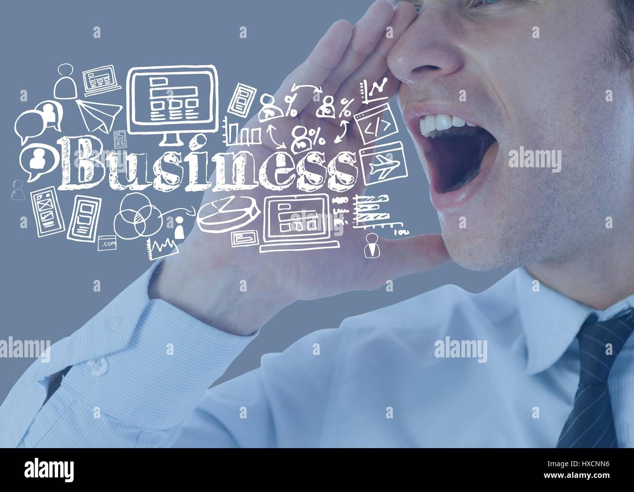 Digital composite of Businessman shouting with Business graphics ...