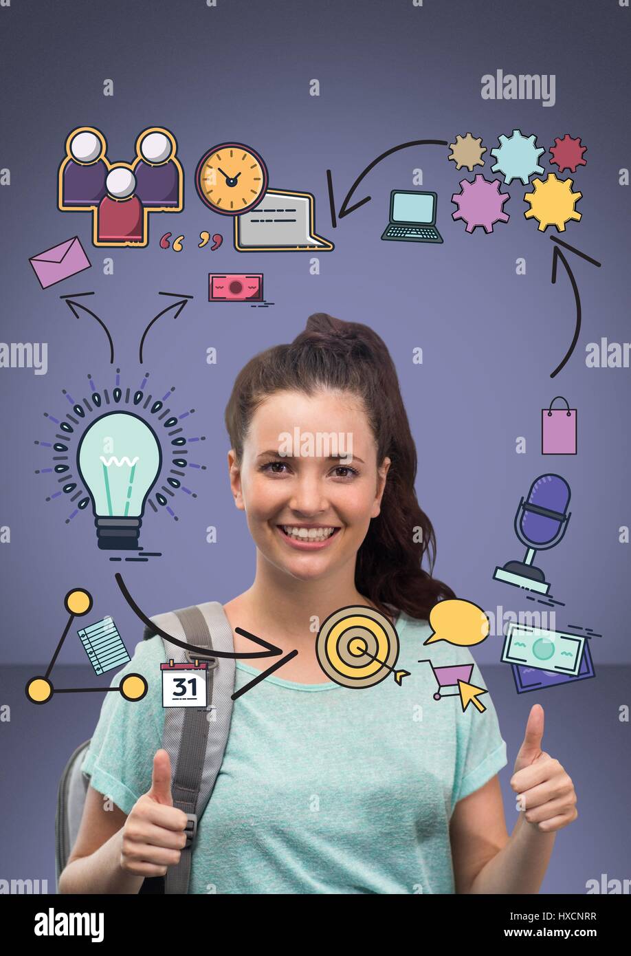 Digital composite of Woman with Business graphics drawings icons Stock ...