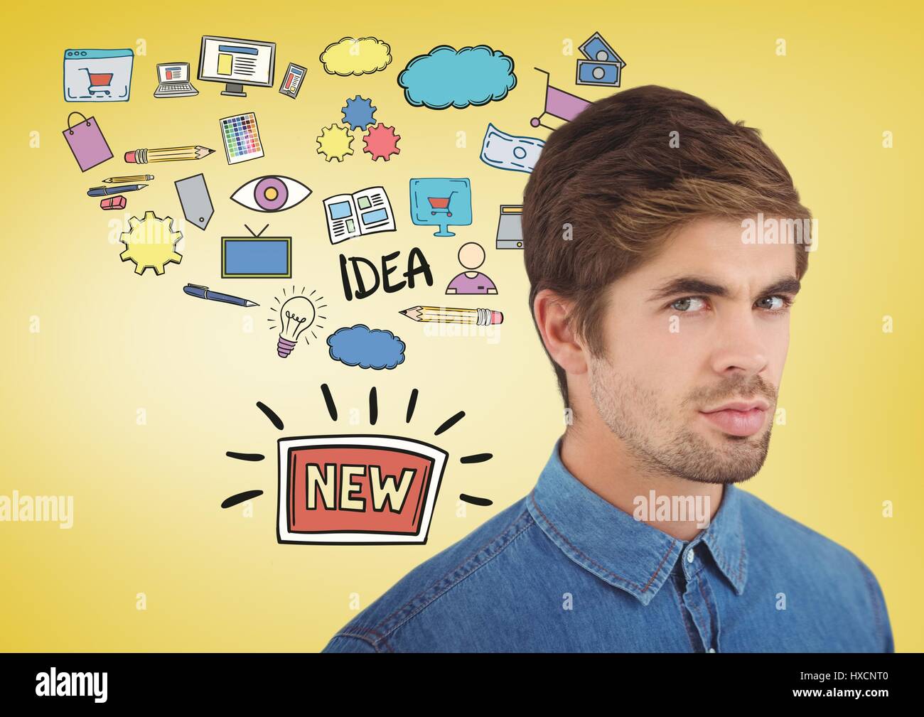 Digital composite of Man with creative design graphics drawings Stock ...