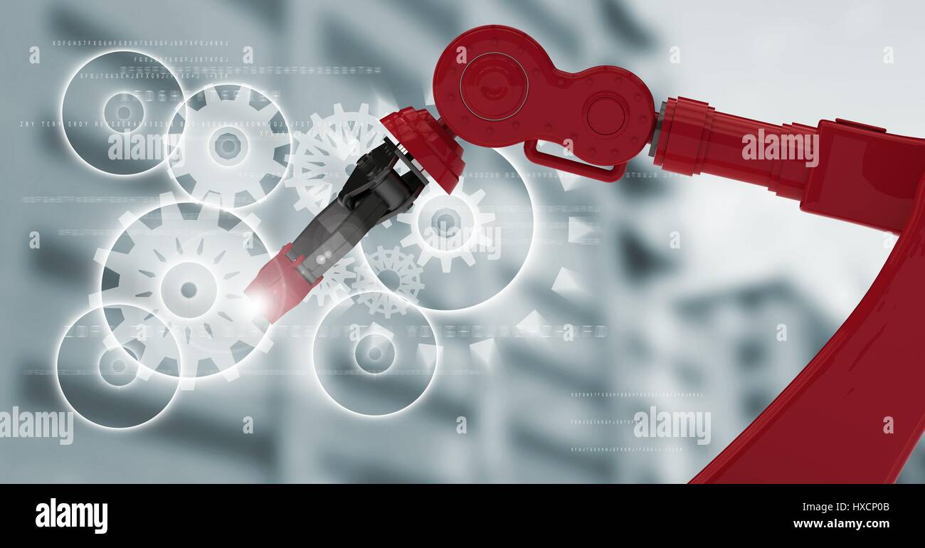 Digital composite of Red robot claw with flare against white cog ...