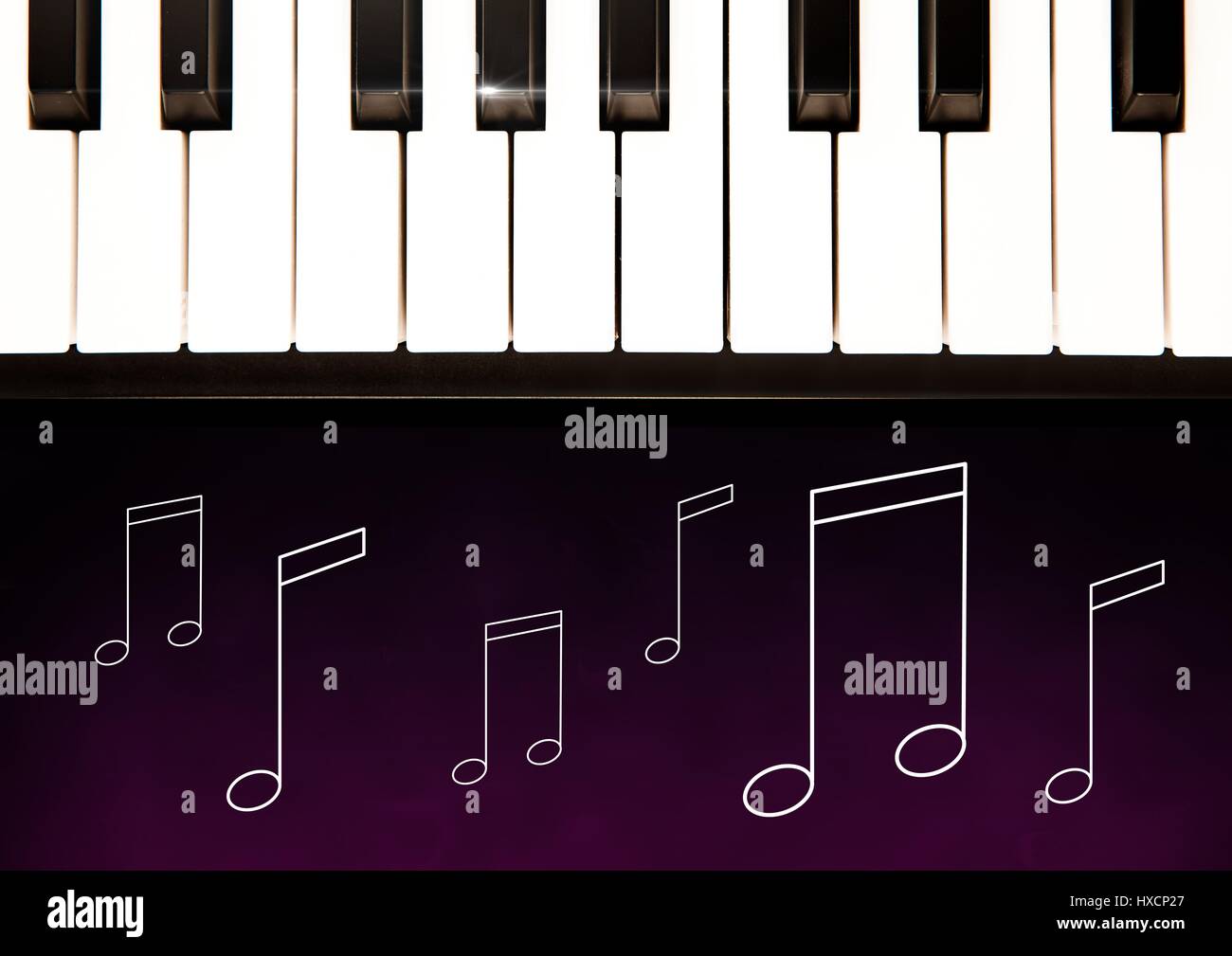Digital composite of Piano keys against purple background with music ...