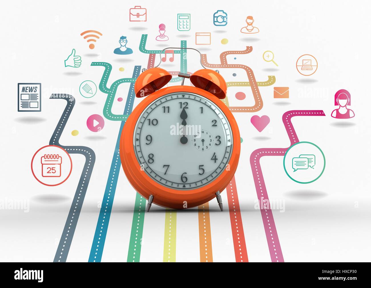 Digital composite of Clock with Social Media icons connecting against ...