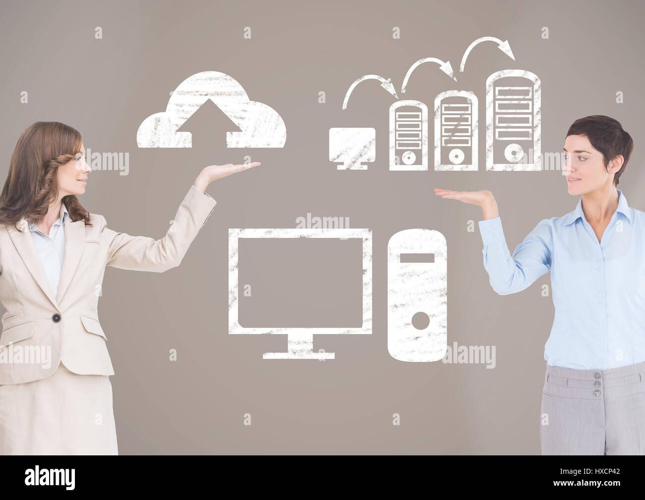 Digital composite of Two women with open palm hands against cloud ...