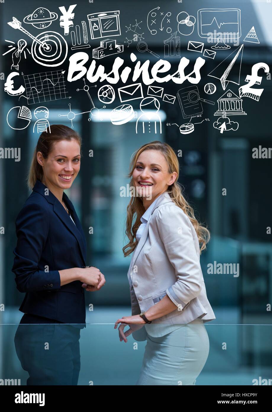 Digital composite of Two business women smiling below white business ...