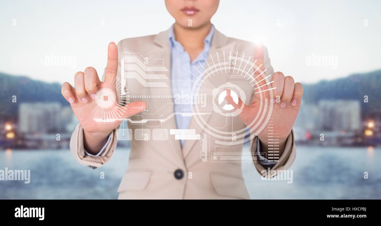 Digital composite of Business woman mid section with white interface ...