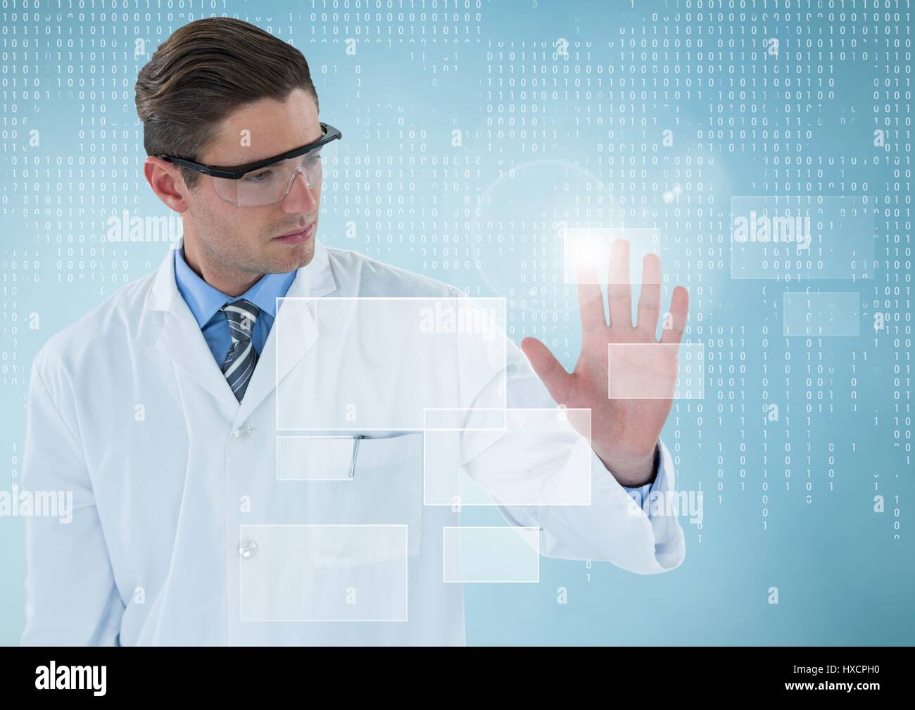 Digital composite of Man in lab coat and goggles with white interface ...
