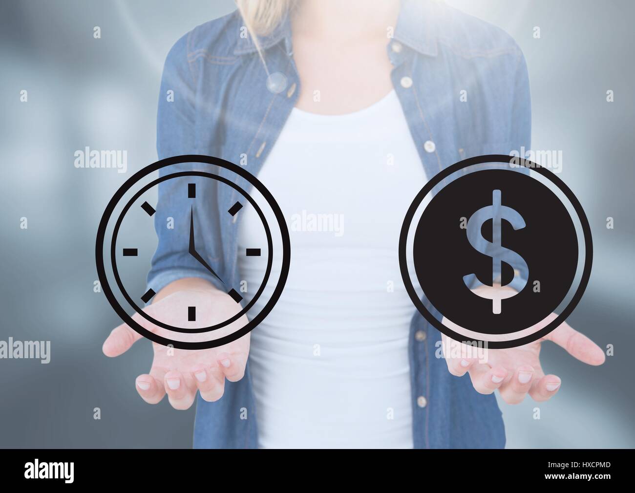 Digital composite of Womans open palm hands holding time and money ...