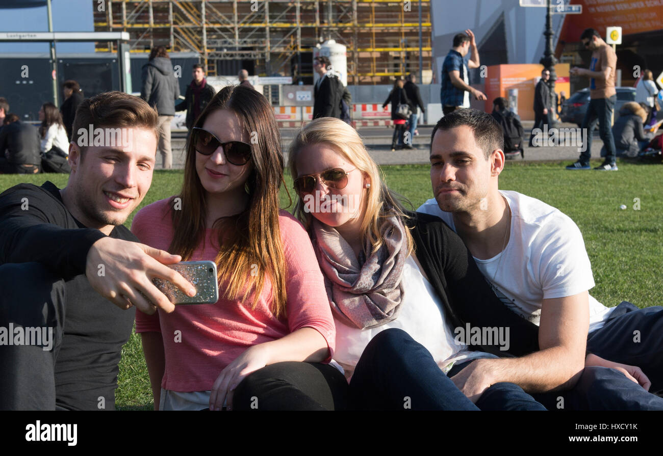 Sebastian (L-R), Nikola, Marcella and Michael take a selfie as they ...
