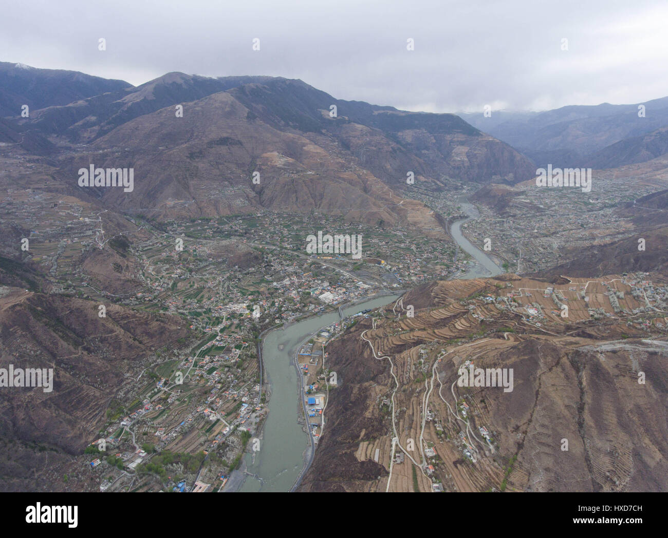 Jinchuan, China. 28th Mar, 2017. Aerial view of landscape with pear ...