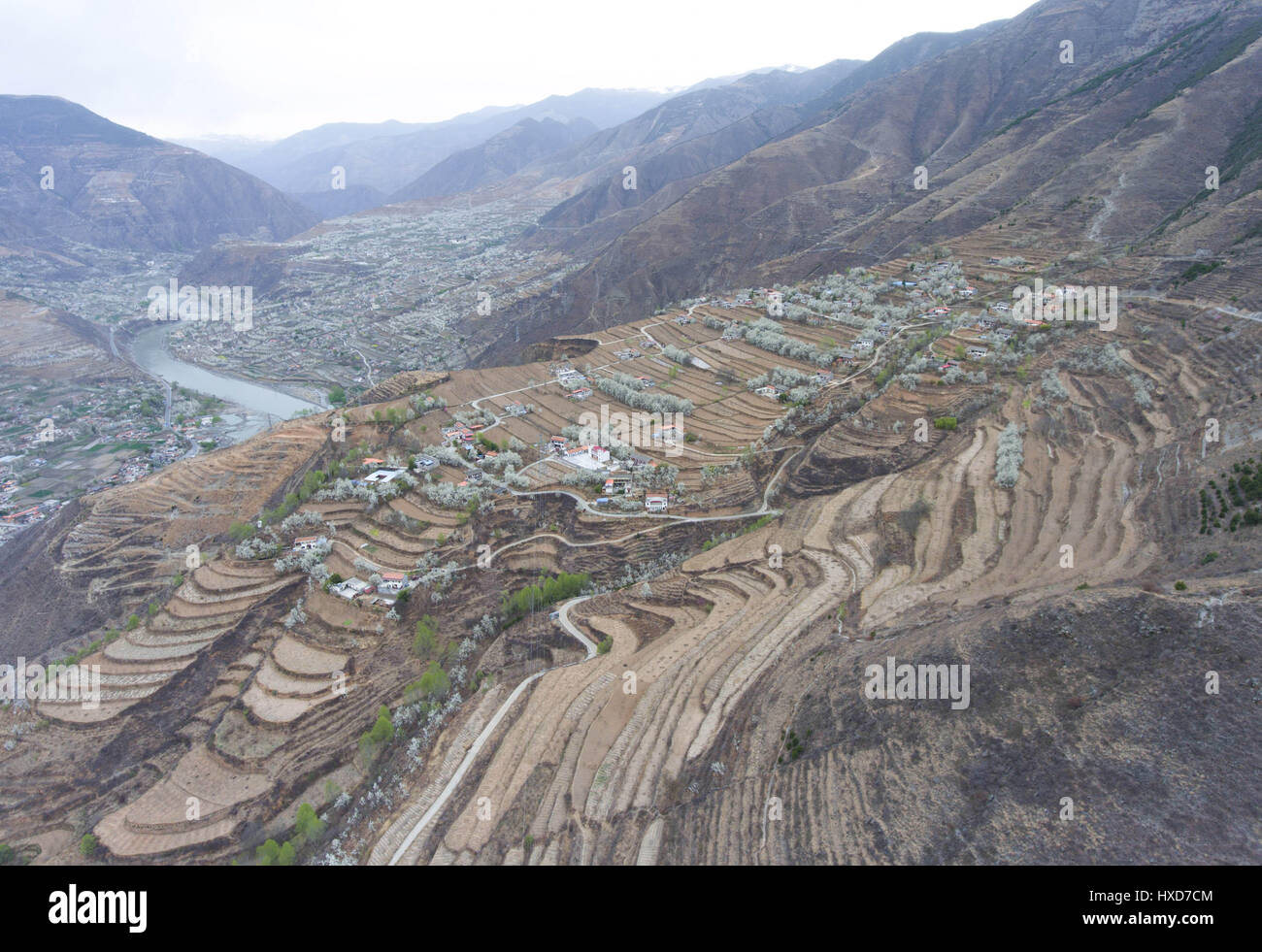 Jinchuan, China. 28th Mar, 2017. Aerial view of landscape with pear ...