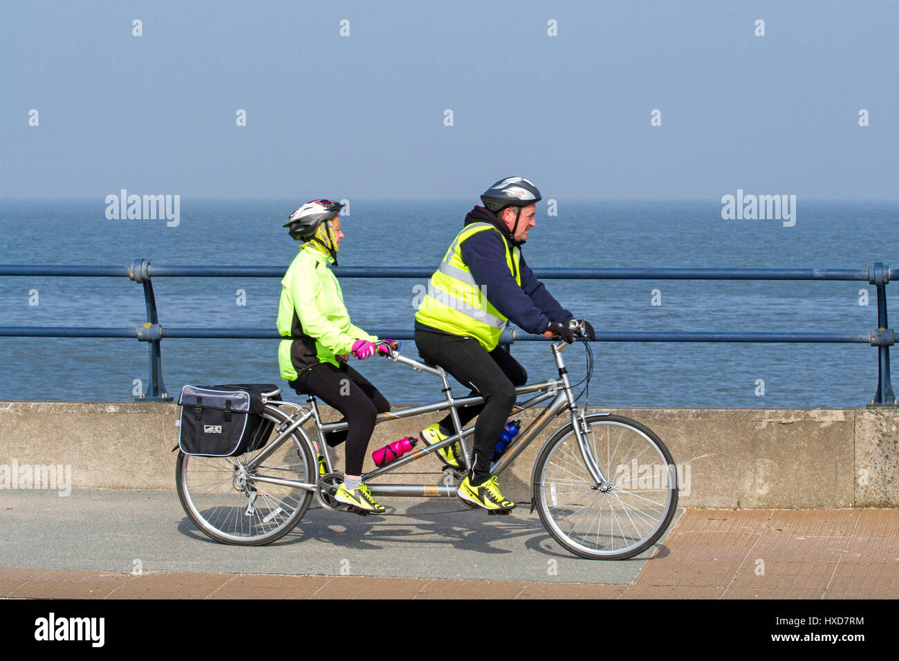 Tandem bicycle riders in Southport, Merseyside. March 2017. UK Weather ...