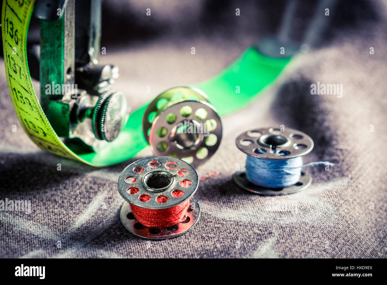 Vintage tailor machine with needle, threads and tailor tape Stock Photo ...