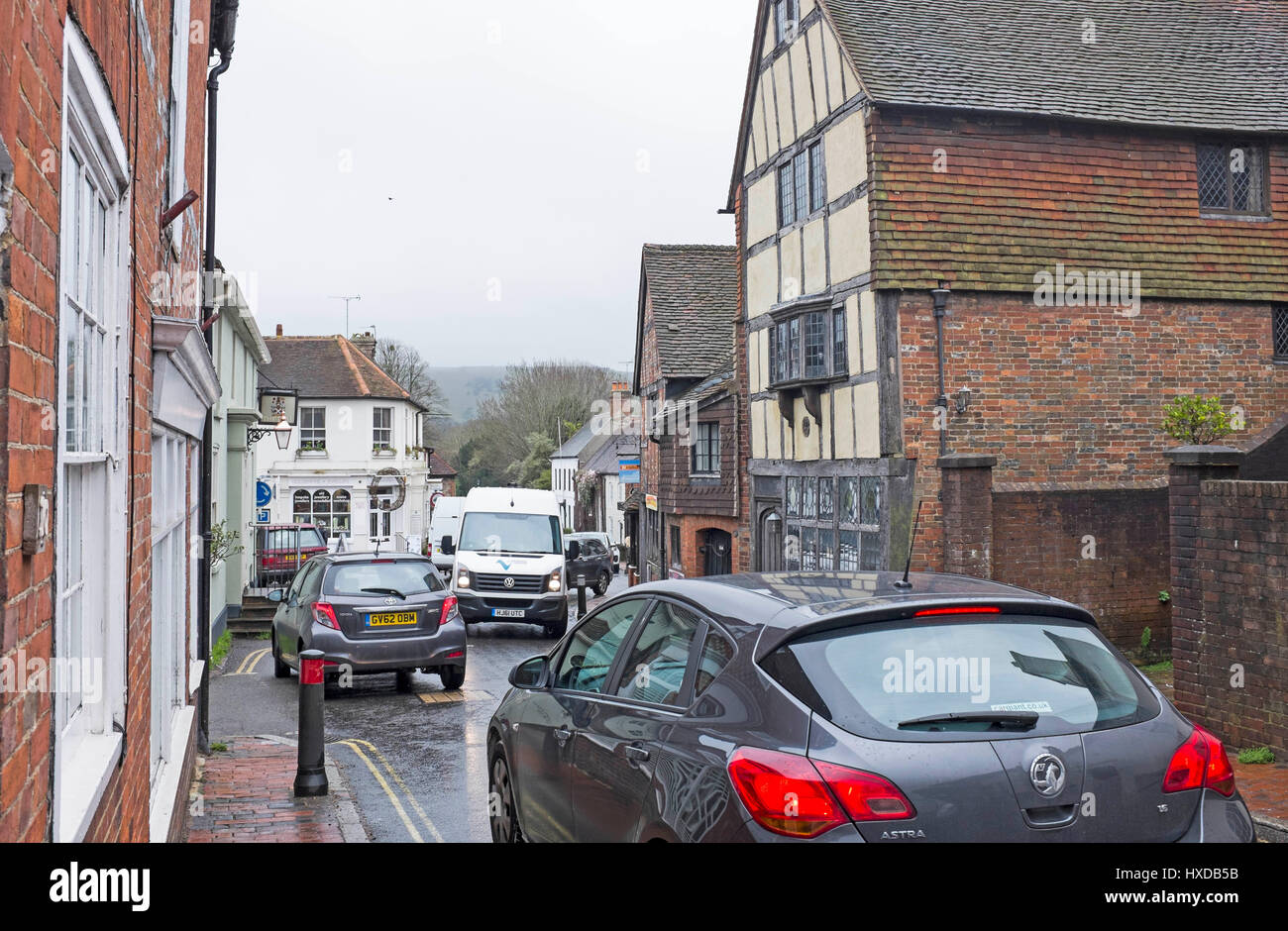 Busy traffic congestion in rural village of Ditchling near Brighton in ...
