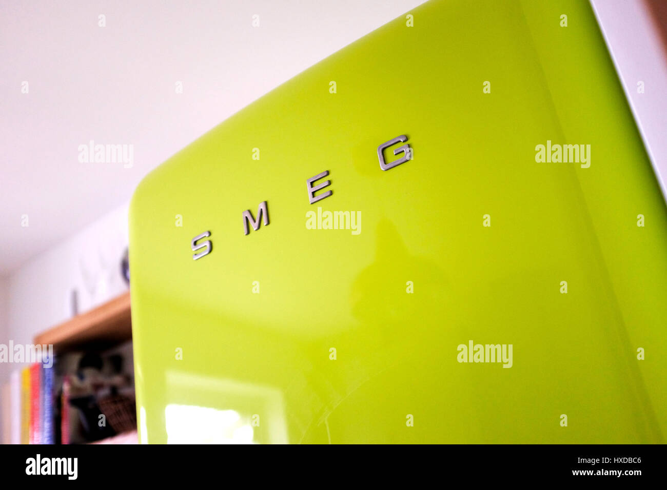 Bright green SMEG Fridge Freezer in a kitchen Stock Photo - Alamy
