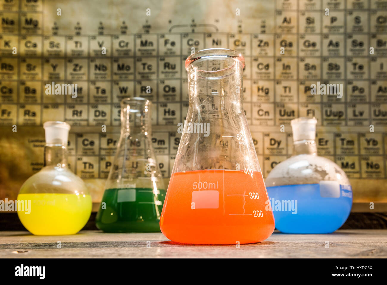 Vintage chemical lab with color beakers Stock Photo - Alamy