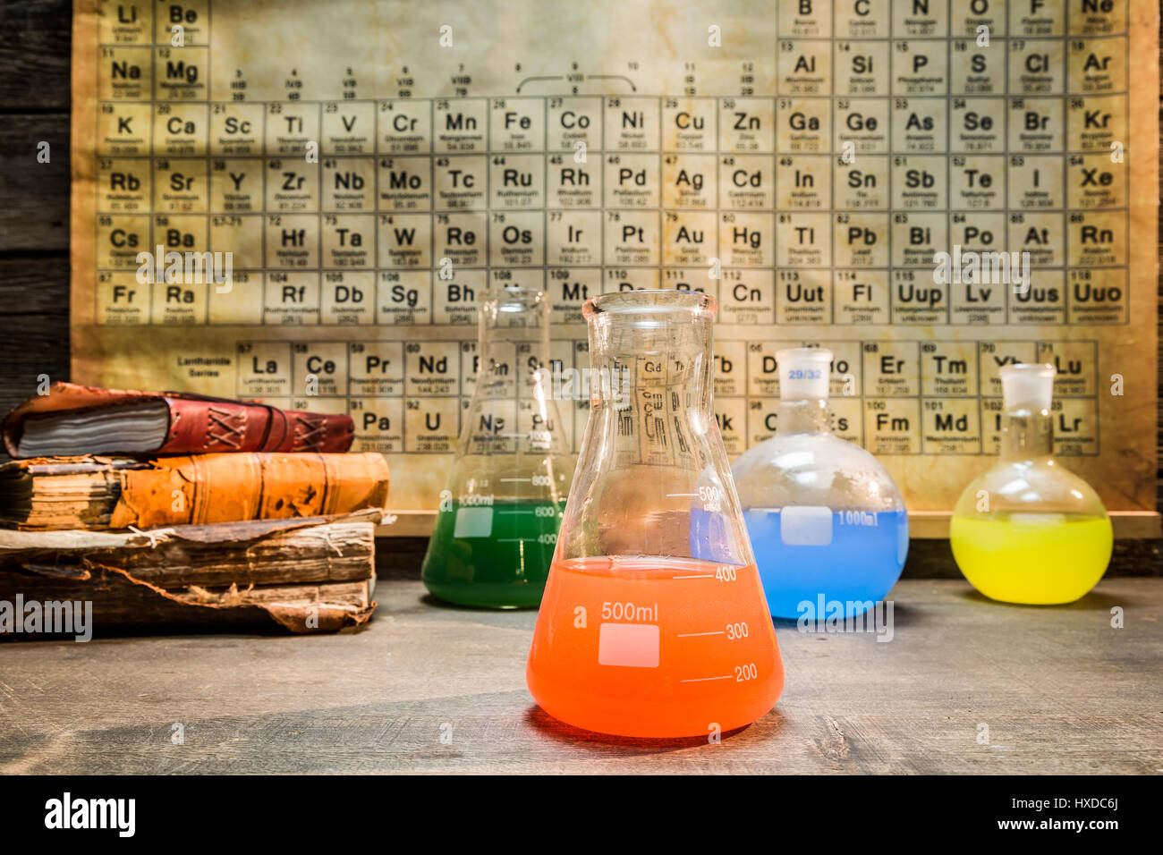 Vintage chemical lab with books Stock Photo - Alamy