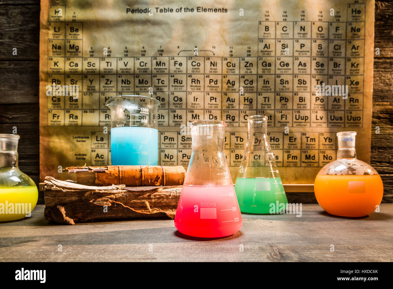 Old chemical lab with color beakers Stock Photo - Alamy