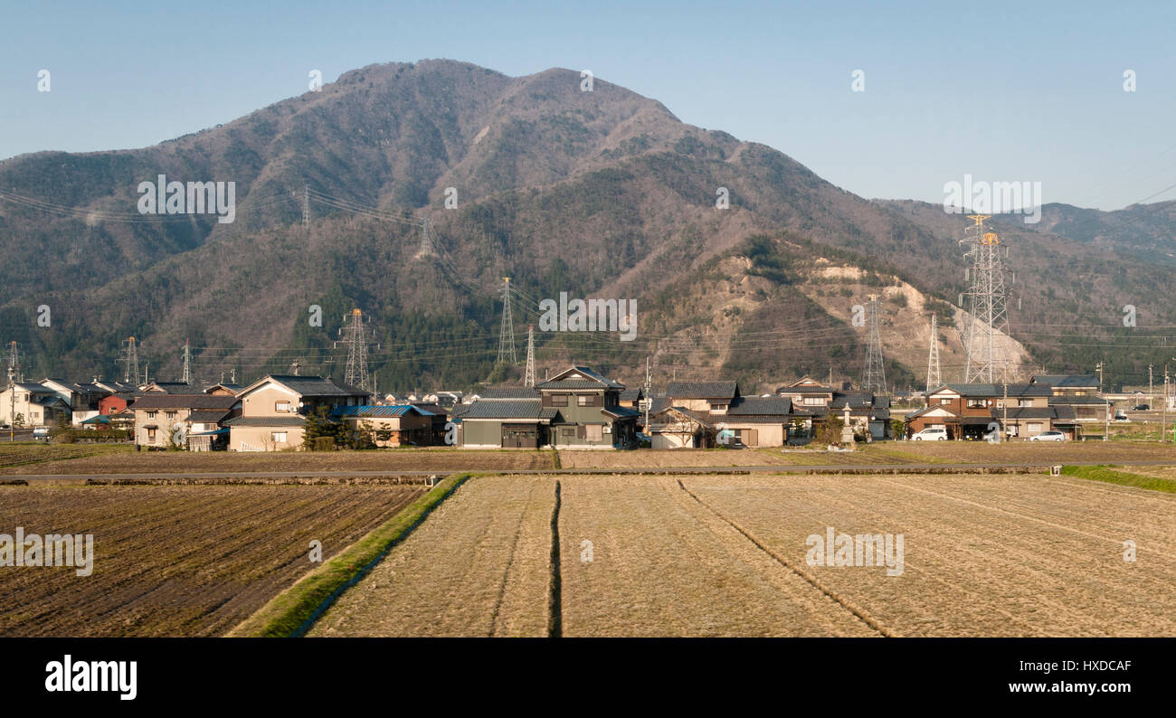 Japan. Typical landscape seen from the train between Kyoto and Tokyo on ...