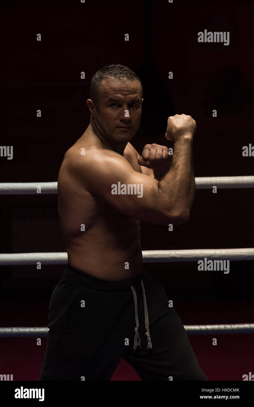 professional kickboxer with hands in martial arts position training for ...