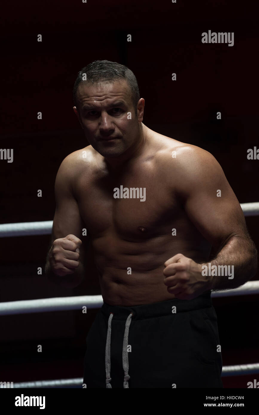 professional kickboxer with hands in martial arts position training for ...