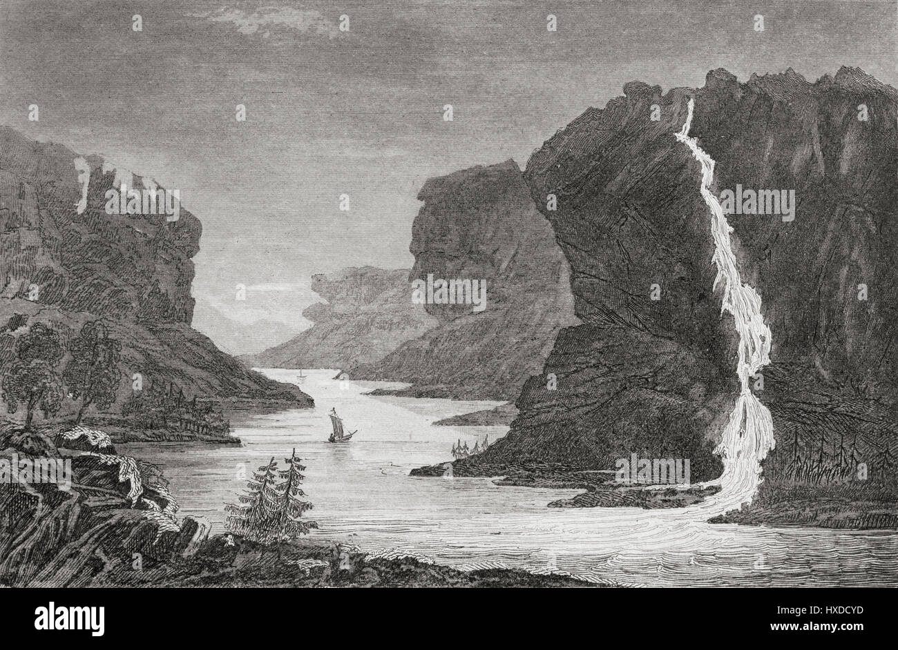 Norway, River Alten and Pursoronka Waterfall. 19th century steel ...