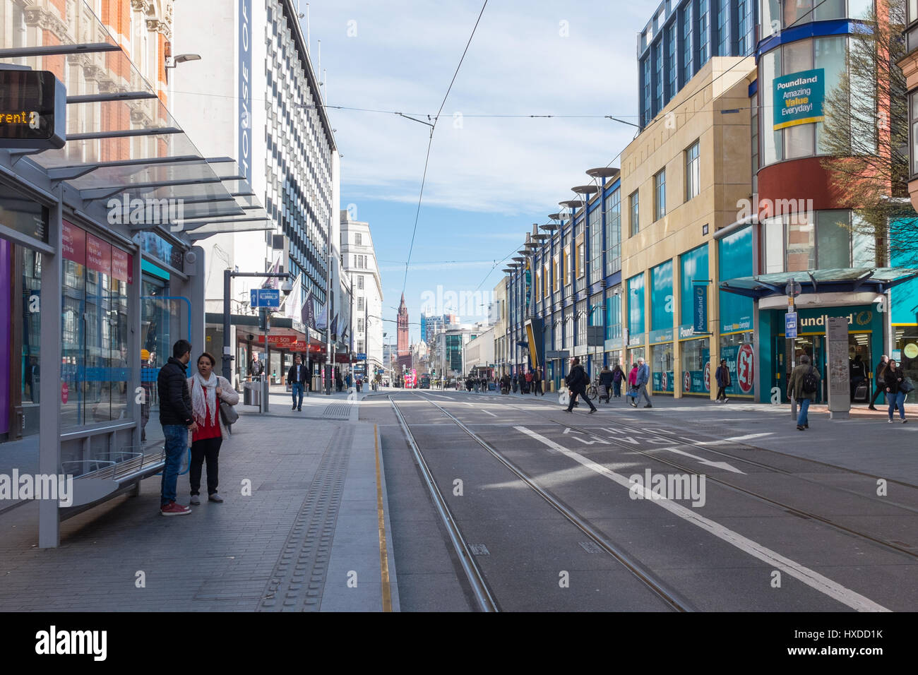 Tramlines on the new tram network in Corporation Street in Birmingham ...