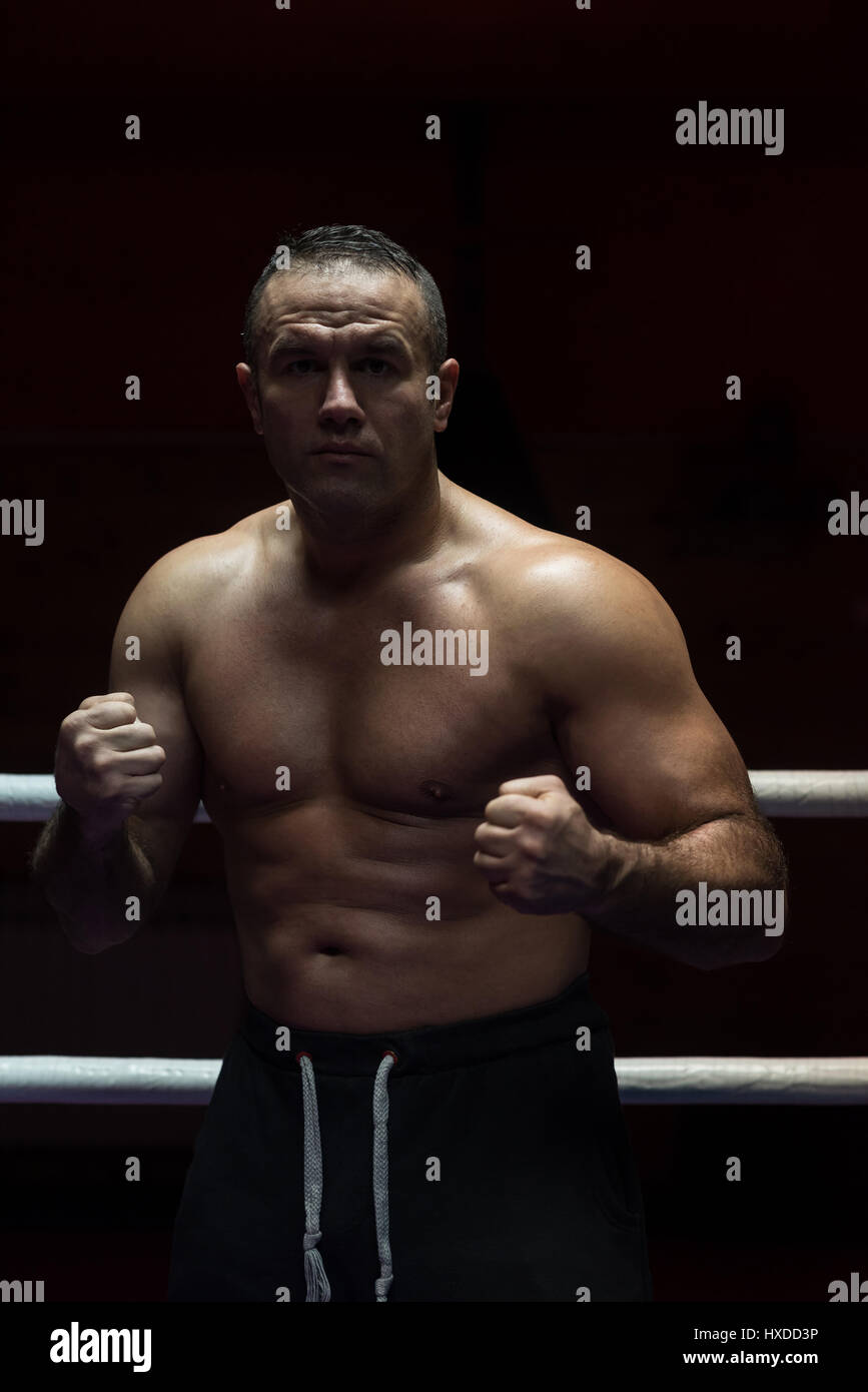 professional kickboxer with hands in martial arts position training for ...