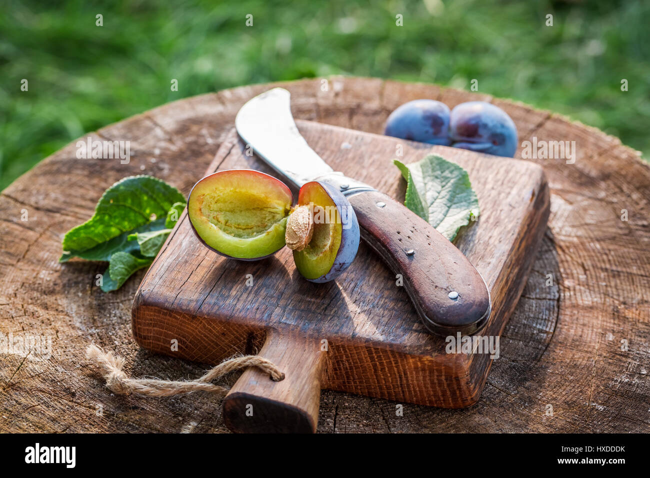 Cutting plums on the old board to preserving Stock Photo - Alamy