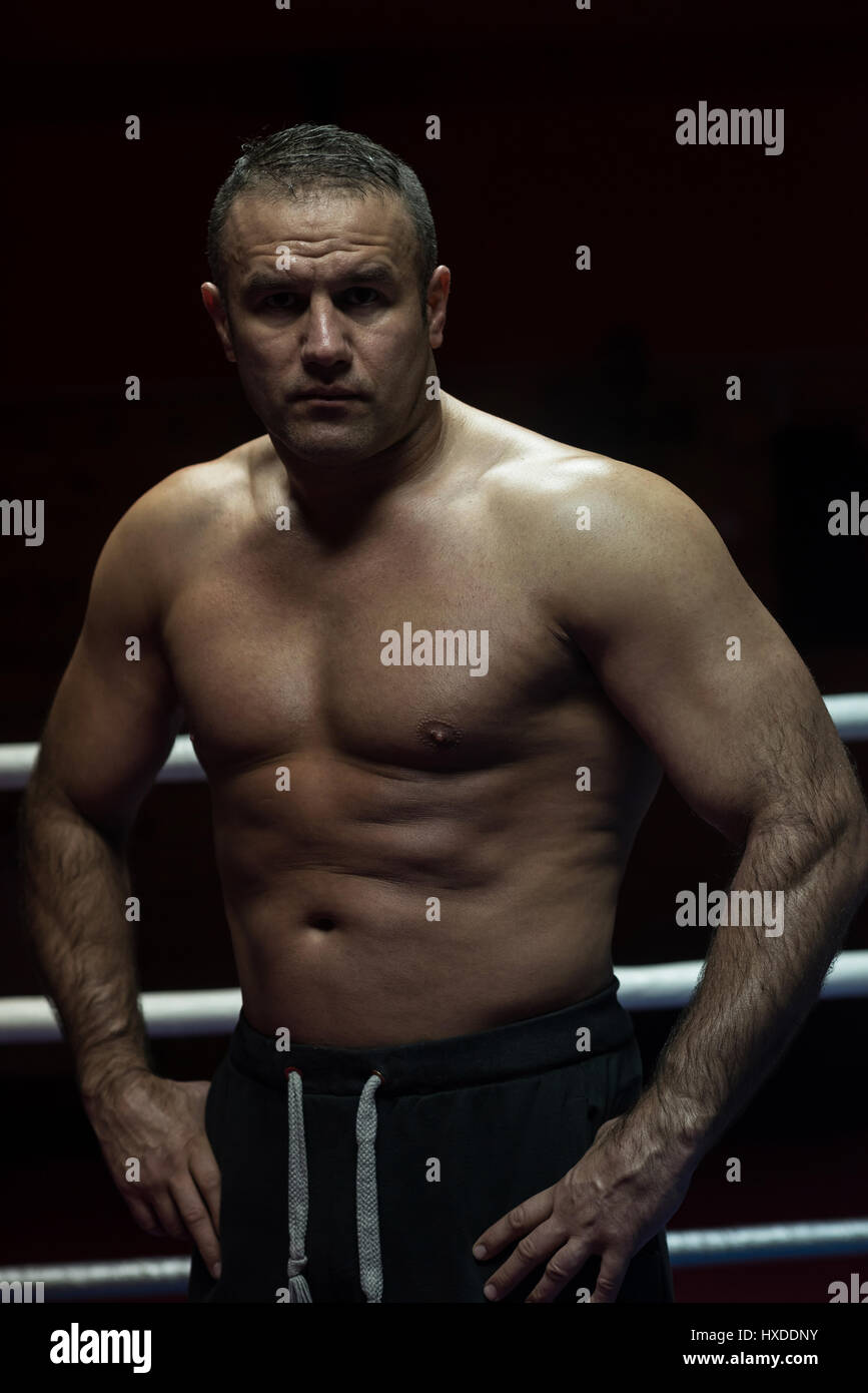 portrait of muscular professional kickboxer who standing in the ring ...