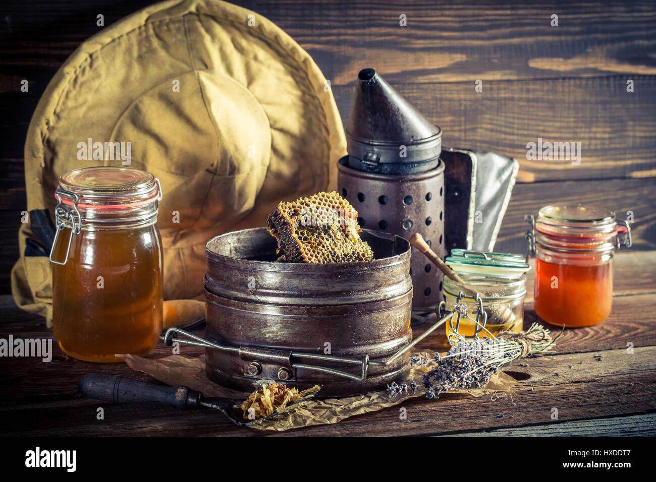 Vintage beekeeper tools in countryside Stock Photo - Alamy